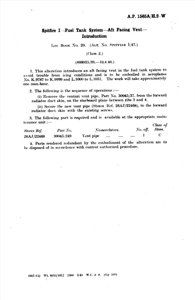Spitfire I Fuel Tank System Aft Facing Vent Introduction - AirCorps Library