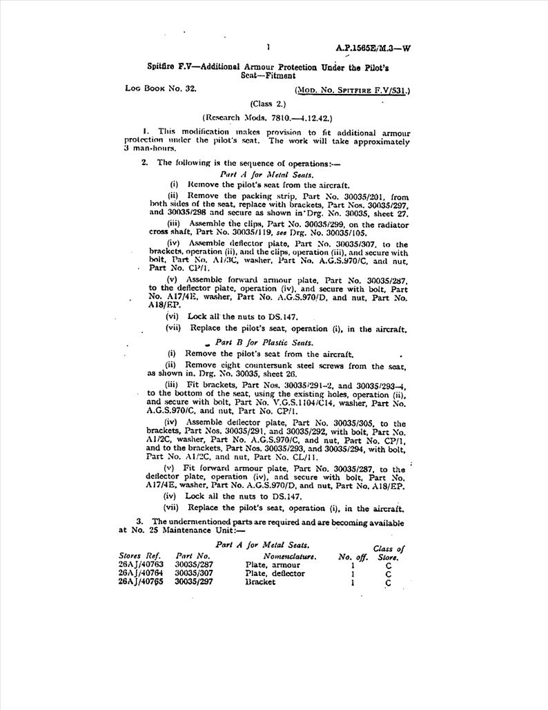 Spitfire F.V Additional Armour Protection Under the Pilot's Seat ...