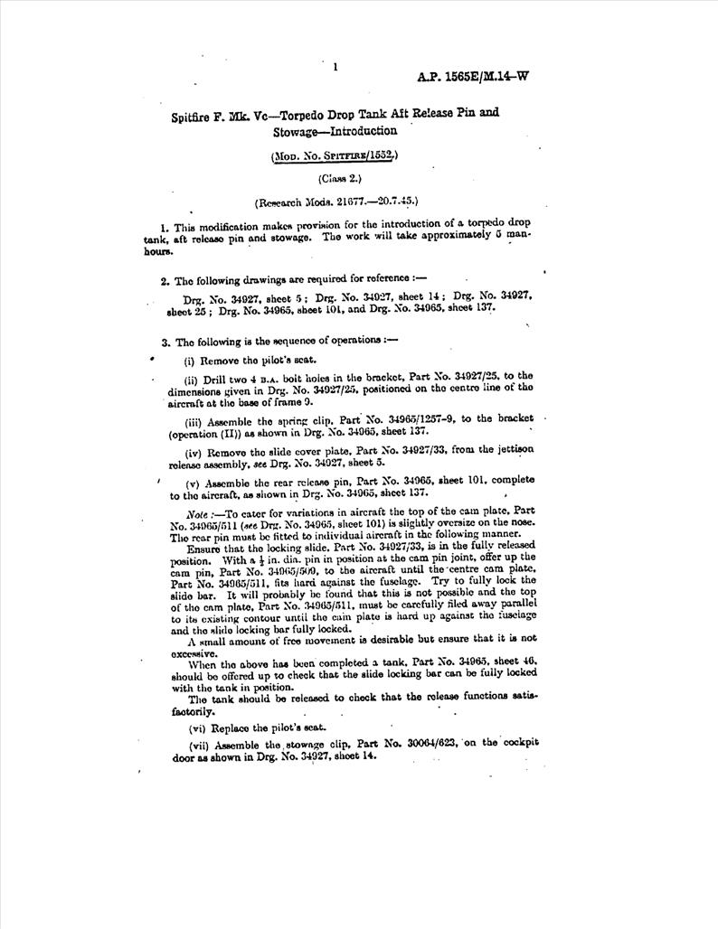 Spitfire F Mk. Ve Torpedo Drop Tank Aft Release Pin and Stowage ...