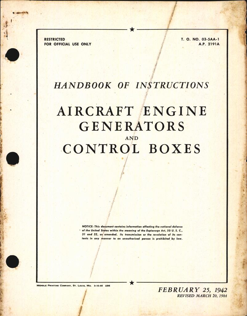 Handbook of Instructions for Aircraft Engine Generators and Control ...