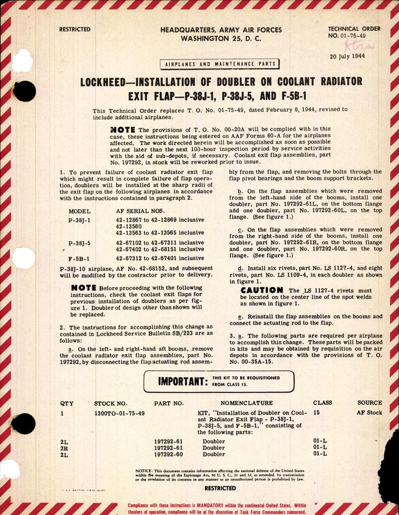 Installation of Doubler on Coolant Radiator Exit Flap for P-38J-1, -5 ...