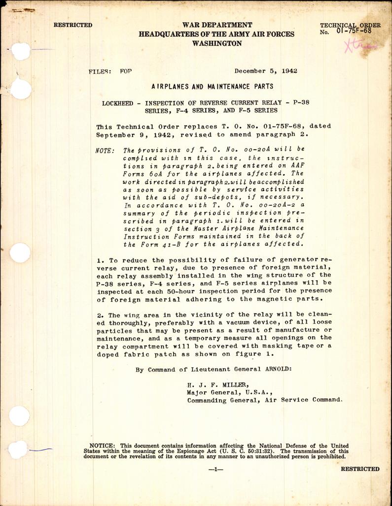 Inspection of Reverse Current Relay for P-38 Series, F-4, and F-5 ...