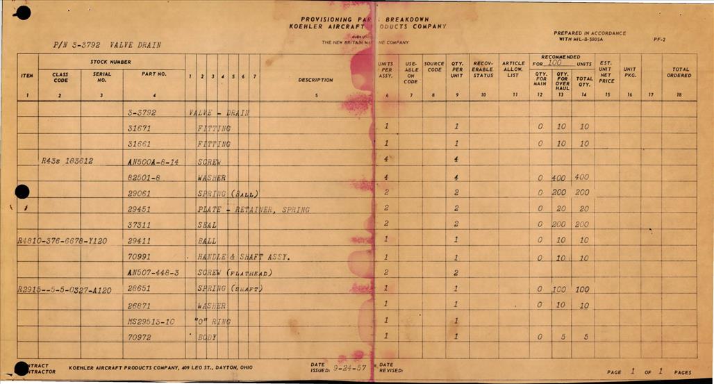 Provisioning Parts Breakdown for Drain Valve - Part 3-3792 - AirCorps ...