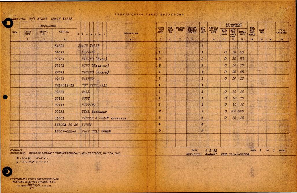 Provisioning Parts Breakdown for Drain Valve - Part 31391 - AirCorps ...