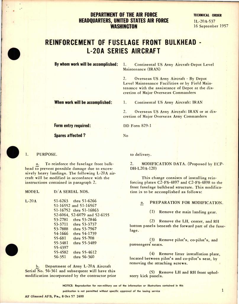 Reinforcement of Fuselage Front Bulkhead - L-20A Series - AirCorps Library