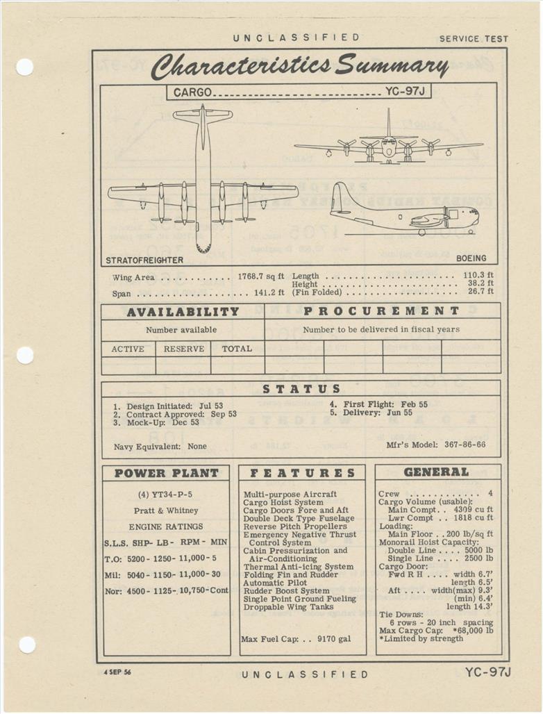 YC-97J Boeing Stratofreighter - Cargo - Characteristics Summary ...