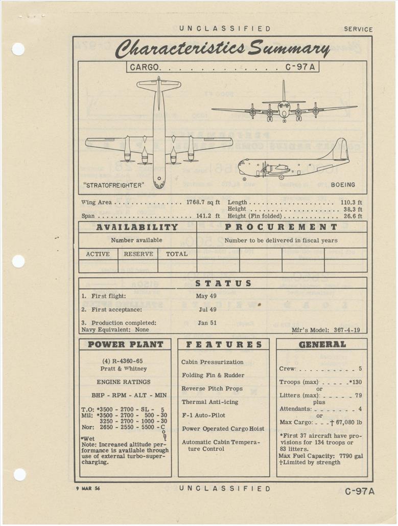 C-97A Boeing Stratofreighter - Cargo - Characteristics Summary ...