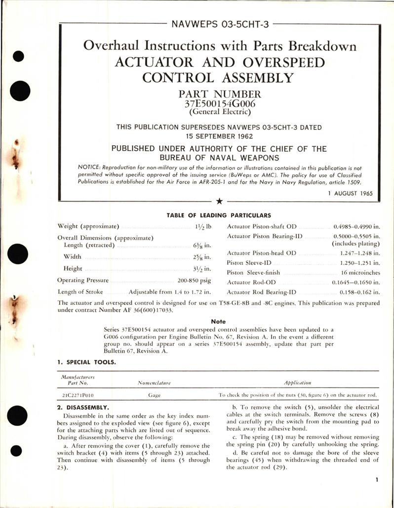 Overhaul Instructions with Parts Breakdown for Actuator and Overspeed Control Assembly Part ...