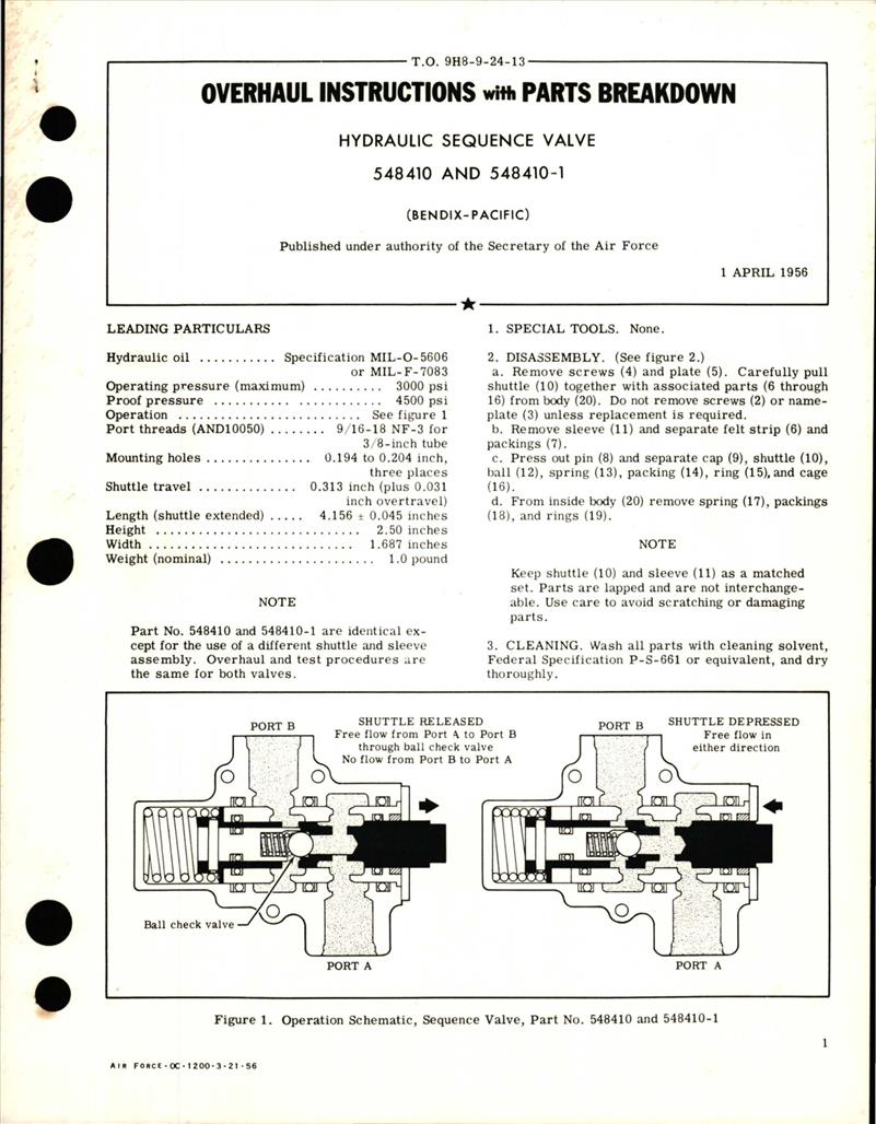 Overhaul Instructions with Parts Breakdown for Hydraulic Sequence Valve - 548410 and 548410-1 ...