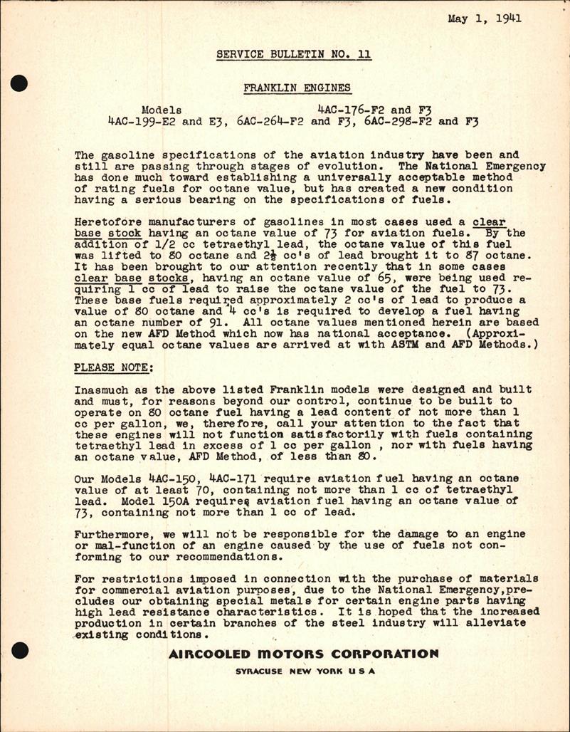 Franklin Engines 4AC-199-E2 & -E3, 6AC-264-f2 & -F3, 6AC-298-F2 & -F3 ...