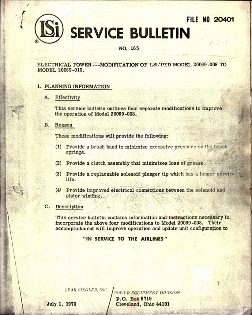 Service Bulletin No. 165 for Modification of Electrical Power ...