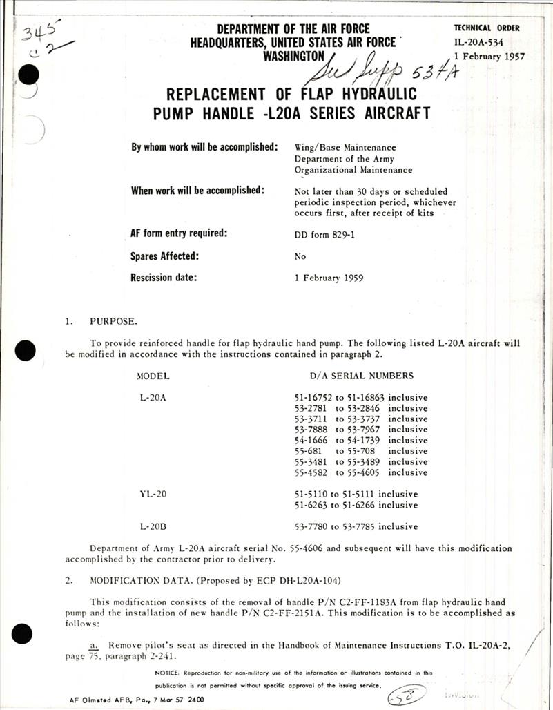 Replacement of Flap Hydraulic Pump Handle - L-20A Series - AirCorps Library