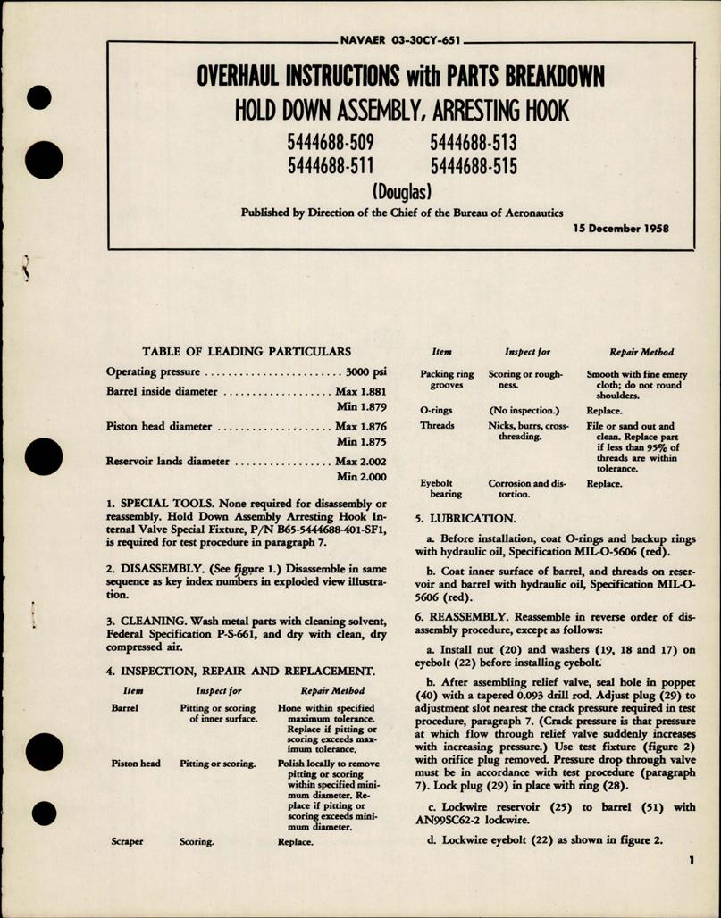 Overhaul Instructions with Parts for Arresting Hook Hold Down Assembly ...