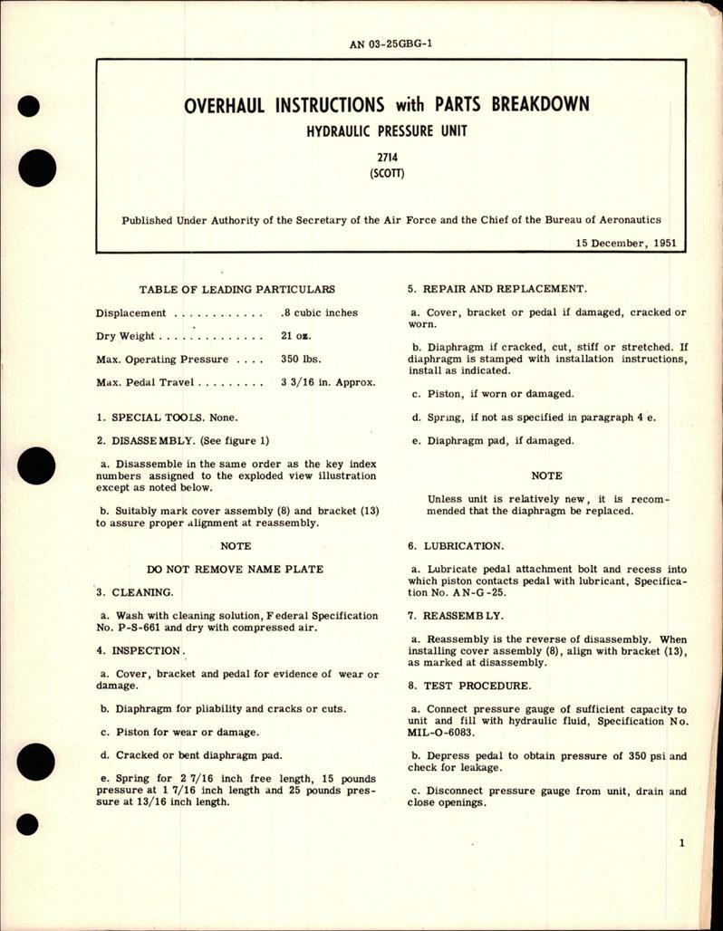 Overhaul Instructions with Parts Breakdown for Hydraulic Pressure Unit - 2714 - AirCorps Library