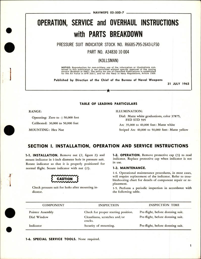 Operation, Service and Overhaul Instructions with Parts Breakdown for Pressure Suit Indicator ...
