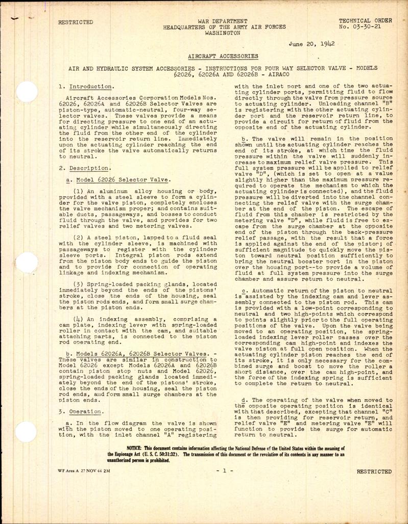 Instructions for Four Way Selector Valve for Models 62026, 62026A, and ...