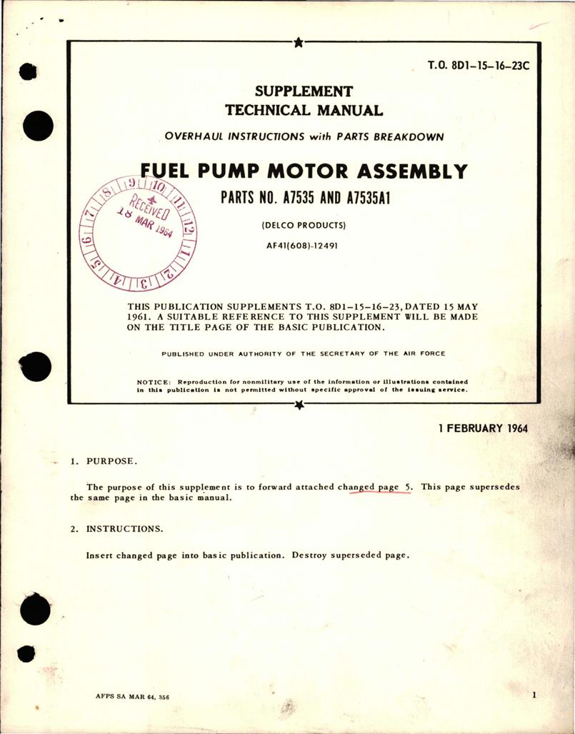 Supplement to Overhaul Instructions with Parts Breakdown for Fuel Pump Motor Assembly - Parts ...