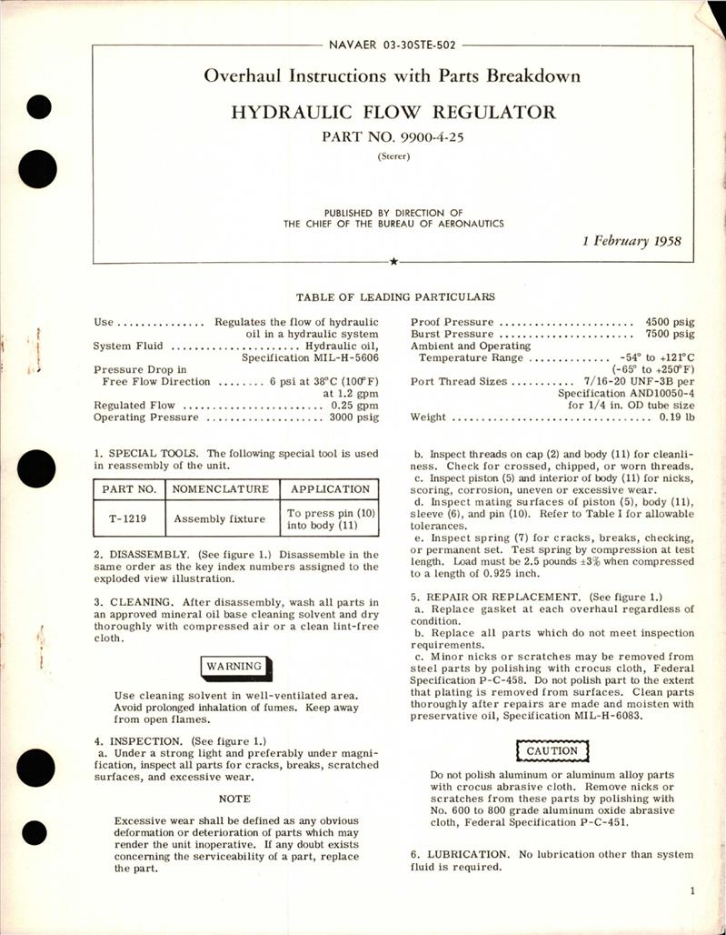 Overhaul Instructions with Parts Breakdown for Hydraulic Flow Regulator - Part 9900-4-25 ...