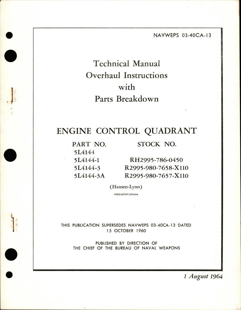 Overhaul Instructions with Parts Breakdown for Engine Control Quadrant ...