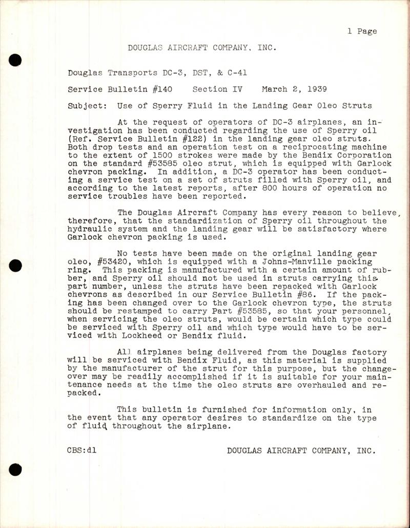 Use of Sperry Fluid in the Landing Gear Oleo Struts - AirCorps Library