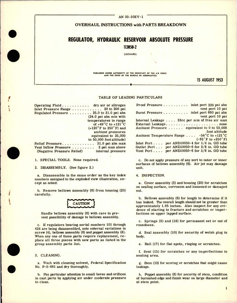 Overhaul Instructions with Parts Breakdown for Hydraulic Reservoir Absolute Pressure Regulator ...
