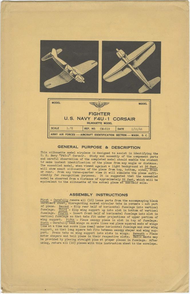 F4U-1 Corsair Silhouette Model - US Navy Fighter - Identification ...